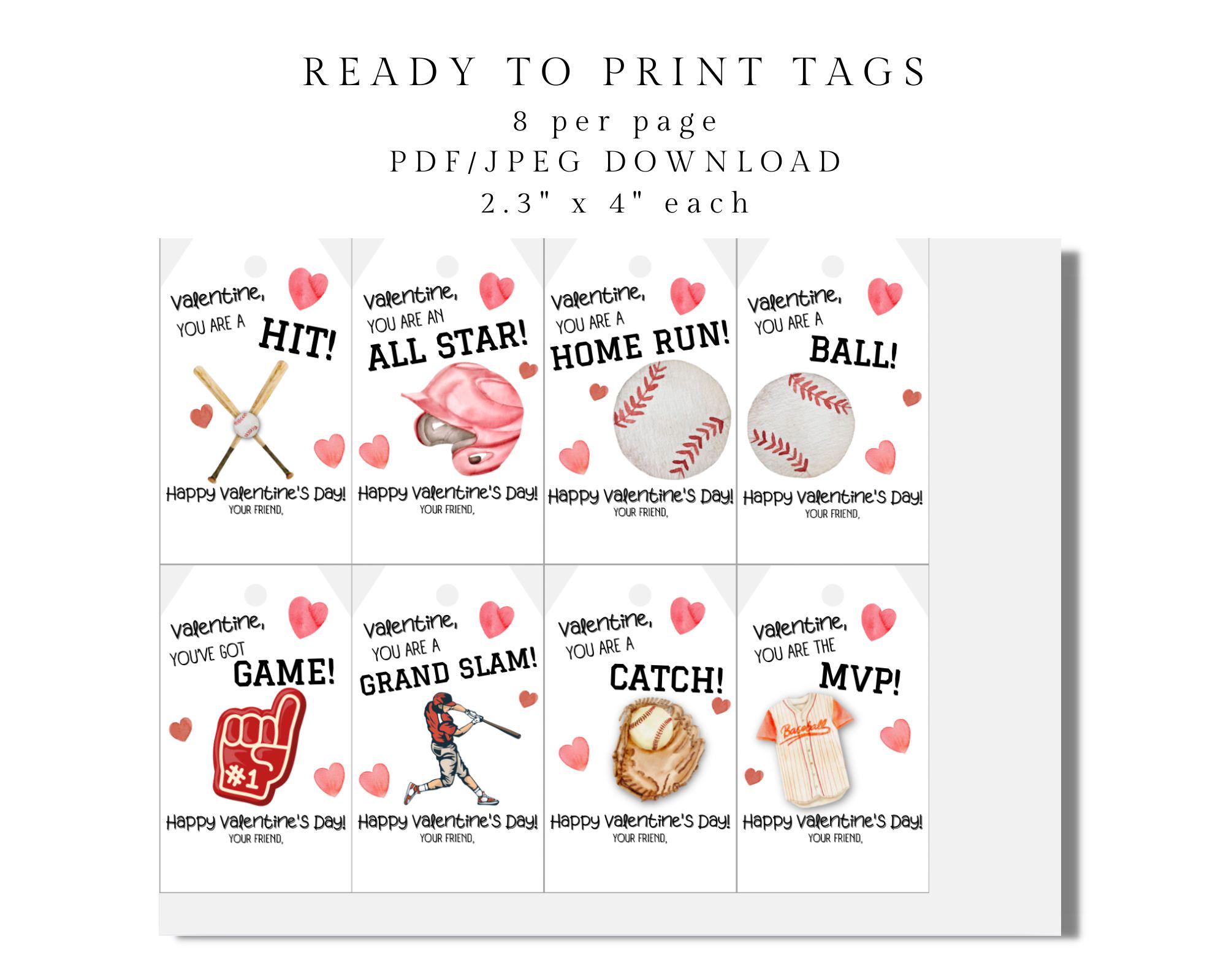 Kids Baseball Valentines, Baseball Valentines Day Tags, Baseball Card ...