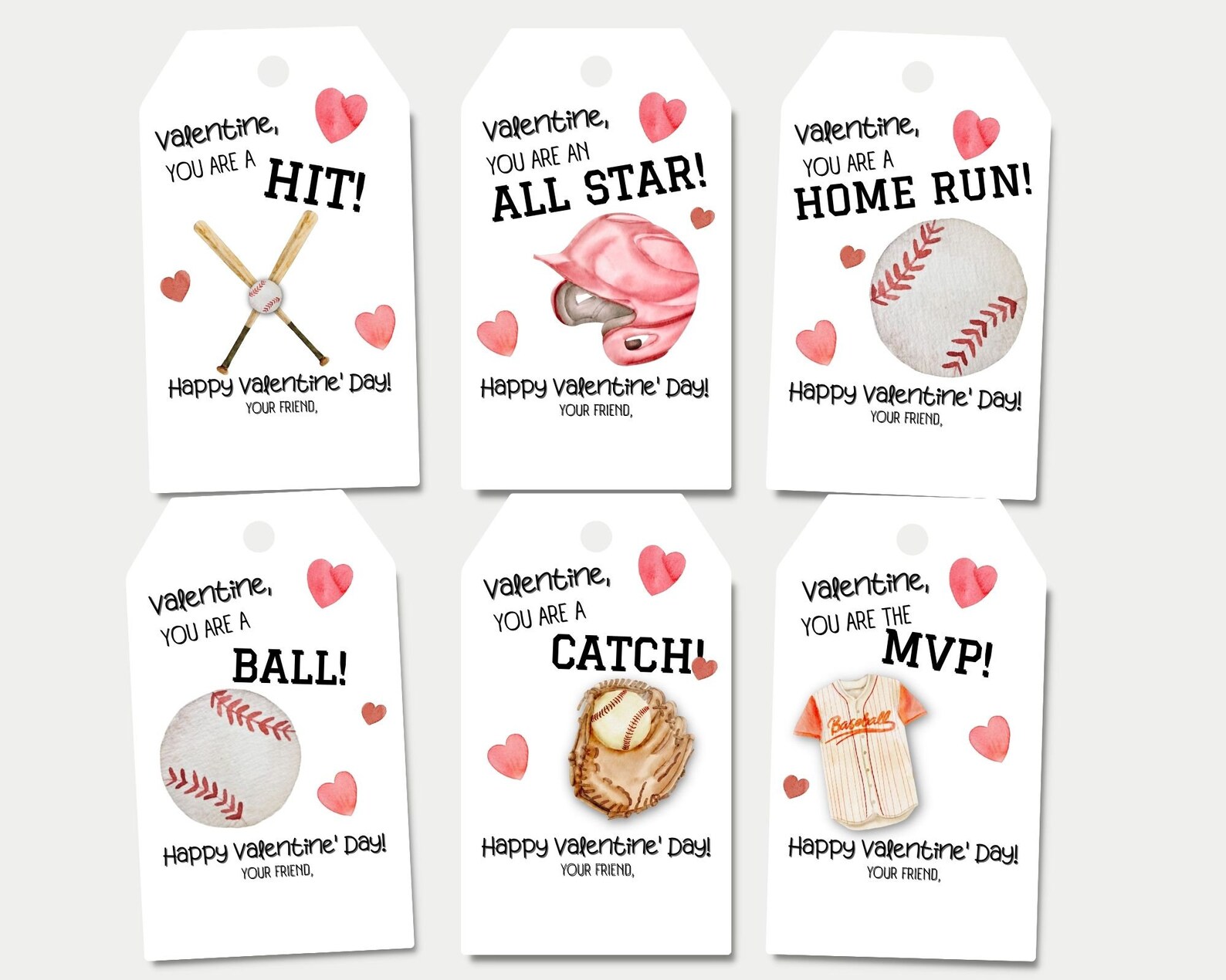 Kids Baseball Valentines, Baseball Valentines Day Tags, Baseball Card ...