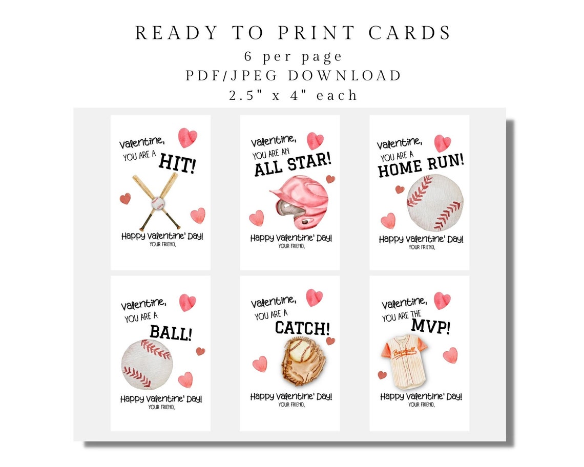 Kids Baseball Valentines, Baseball Valentines Day Tags, Baseball Card ...