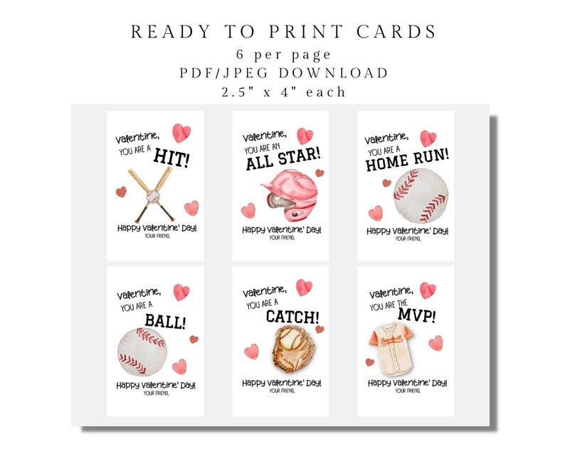 Kids Baseball Valentines, Baseball Valentines Day Tags, Baseball Card ...