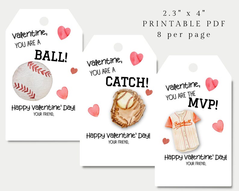 Kids Baseball Valentines, Baseball Valentines Day Tags, Baseball Card ...