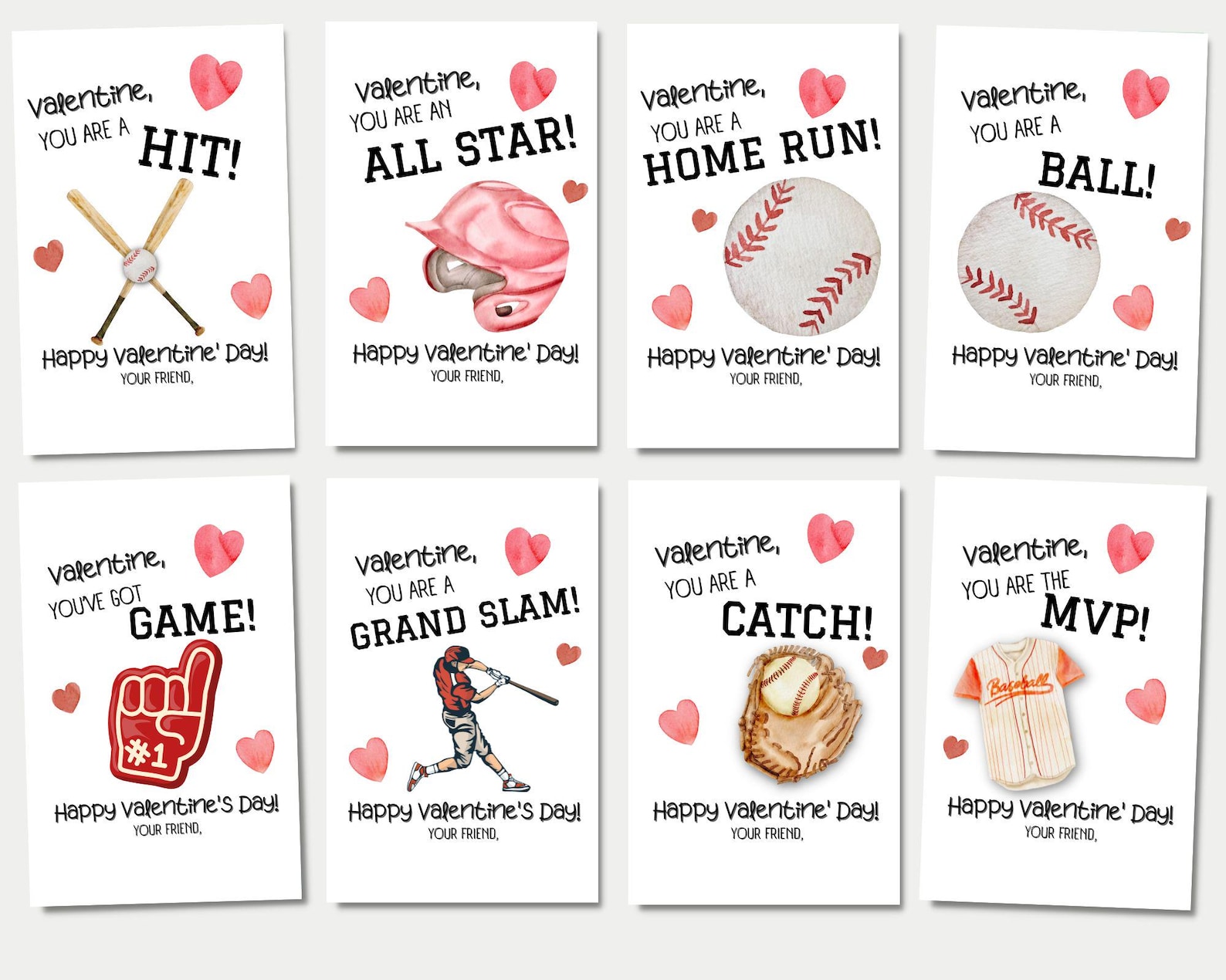 Kids Baseball Valentines, Baseball Valentines Day Tags, Baseball Card ...