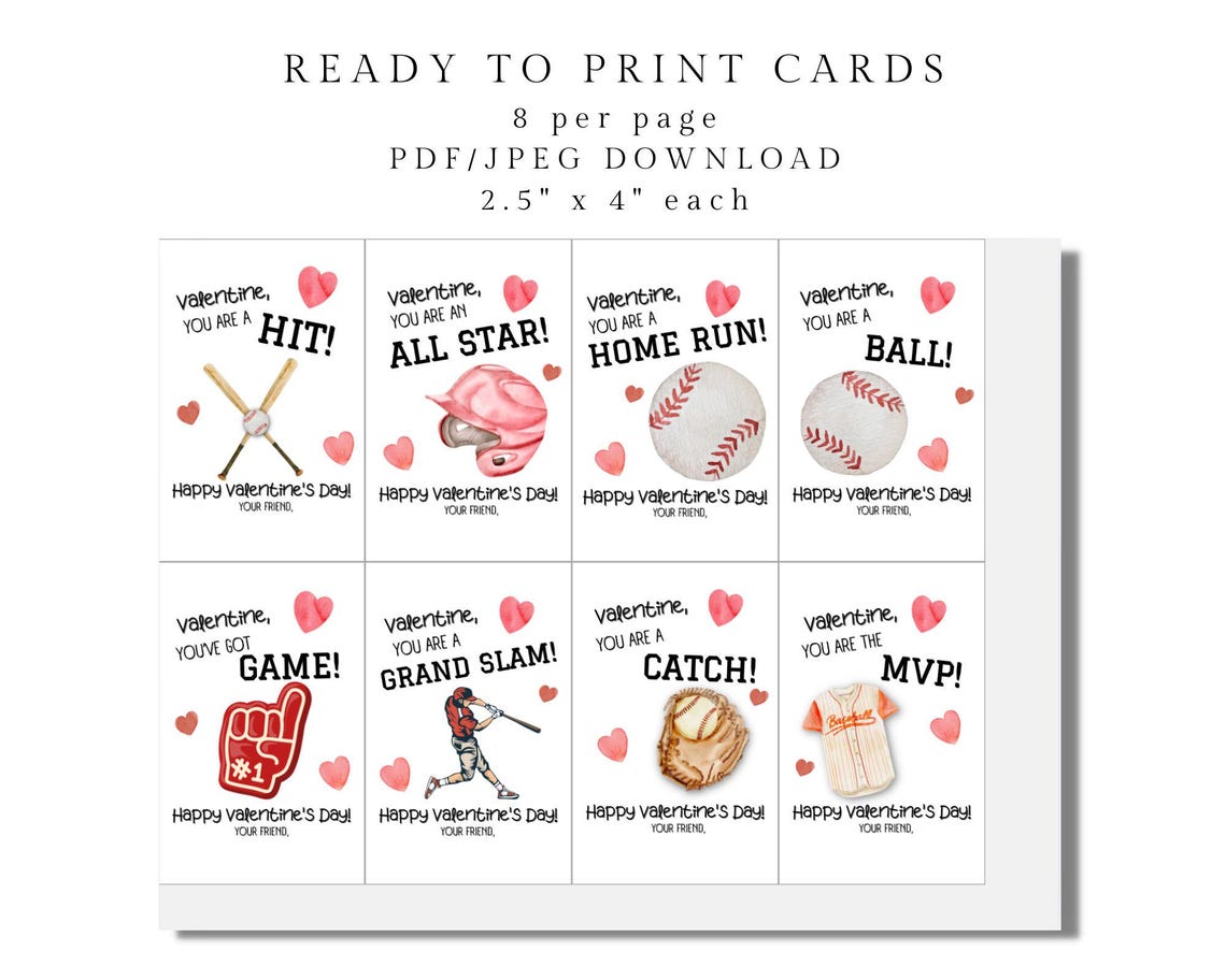 Kids Baseball Valentines, Baseball Valentines Day Tags, Baseball Card ...