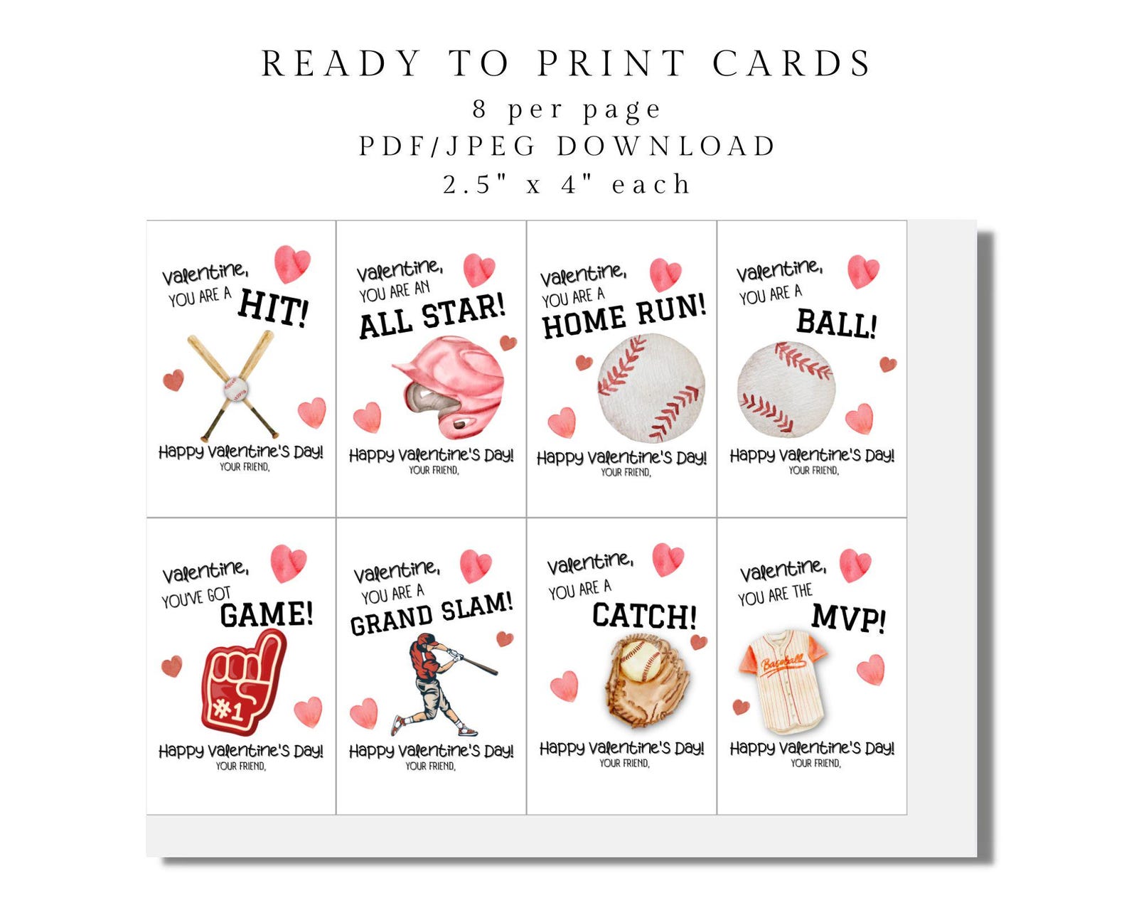 Kids Baseball Valentines, Baseball Valentines Day Tags, Baseball Card ...