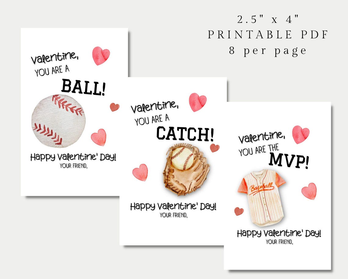Kids Baseball Valentines, Baseball Valentines Day Tags, Baseball Card ...