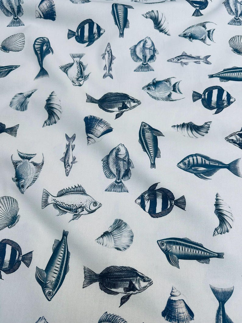 Fish Seashell Navy Tablecloth . Rectangle, Oval or Round. 135cm Wide up ...