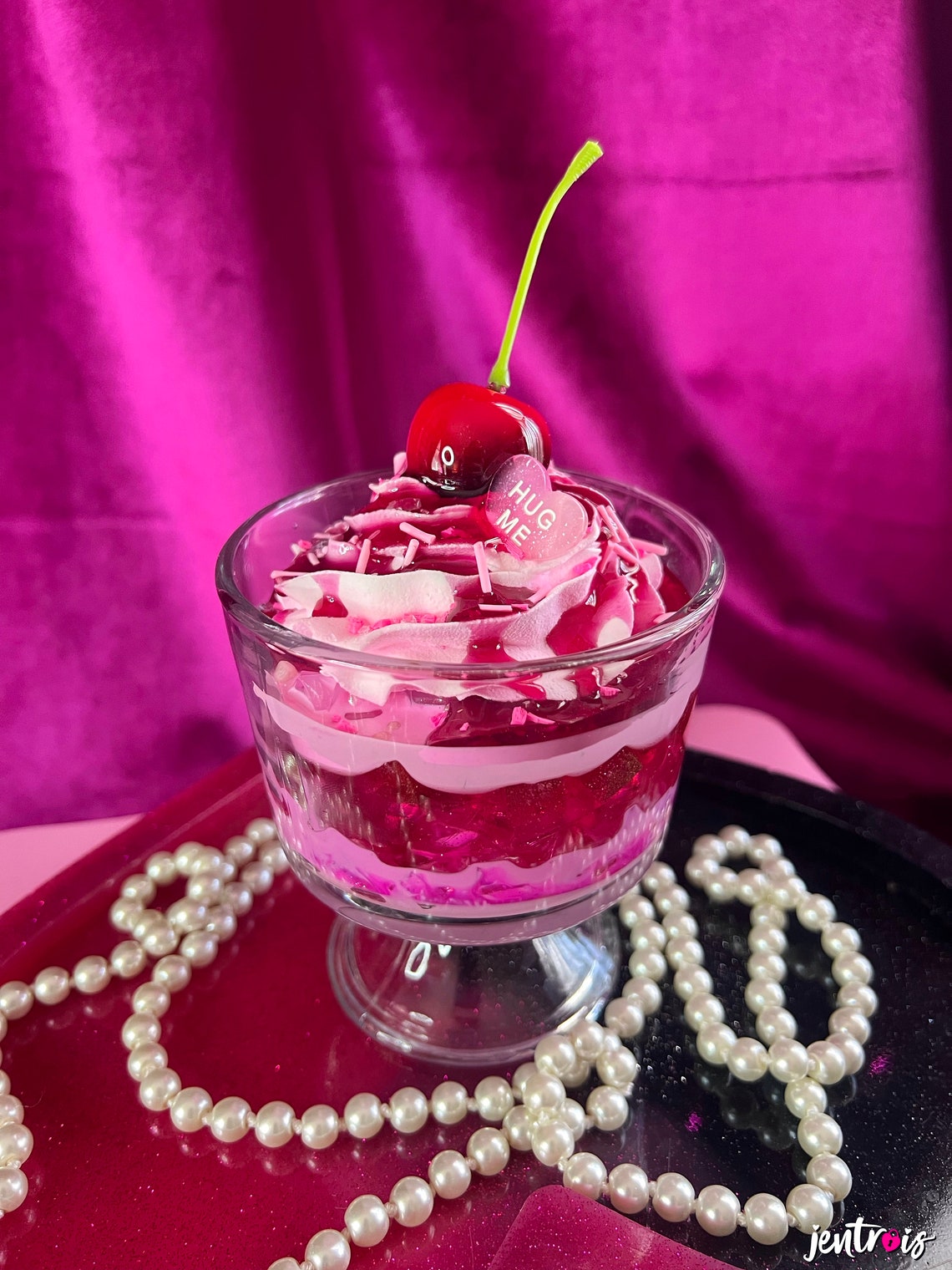 Hug Me Candy Heart Pink Pudding Layered Dessert With Cherries on the ...