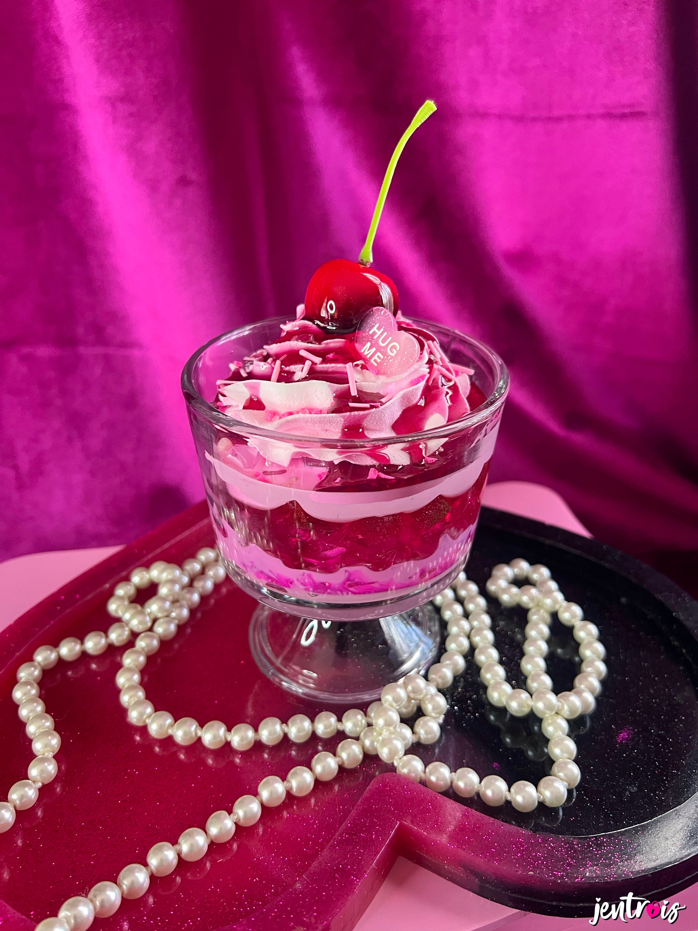 Hug Me Candy Heart Pink Pudding Layered Dessert With Cherries on the ...