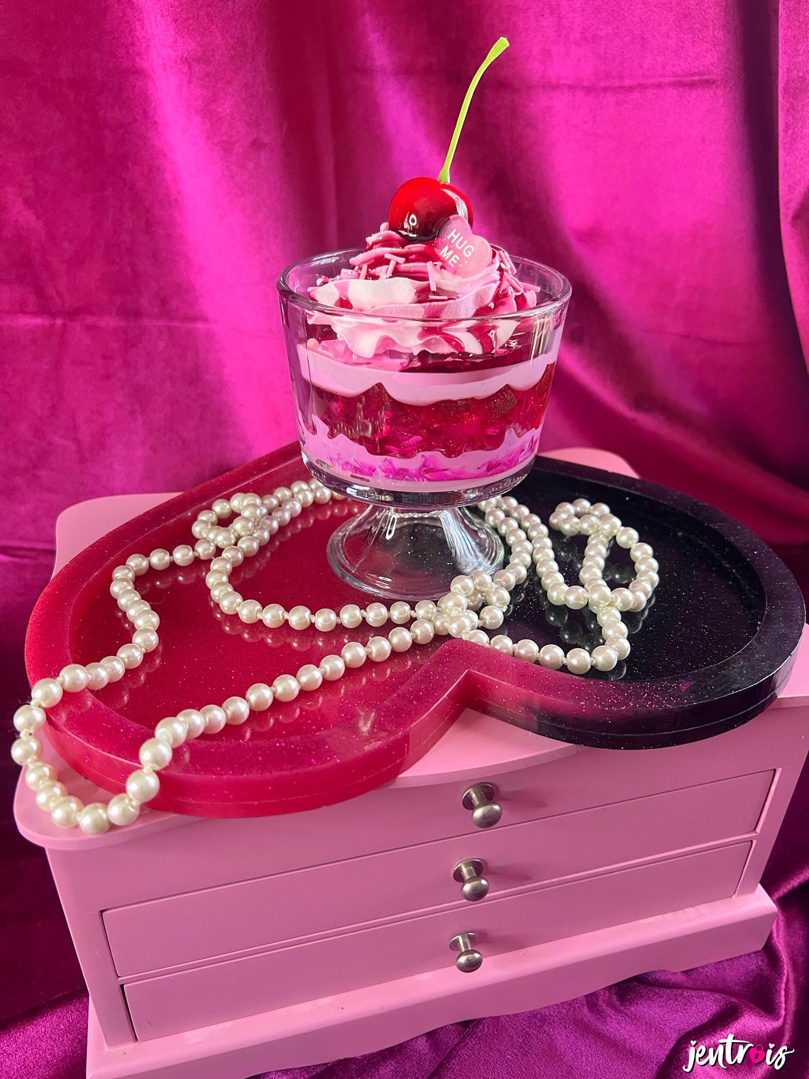 Hug Me Candy Heart Pink Pudding Layered Dessert With Cherries on the ...