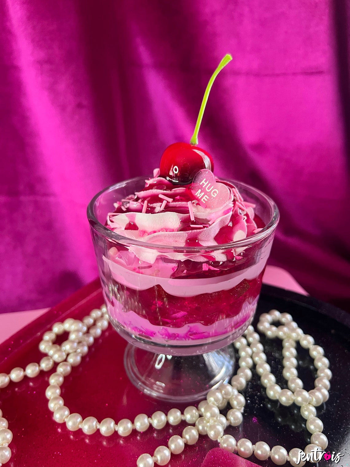 Hug Me Candy Heart Pink Pudding Layered Dessert With Cherries on the ...