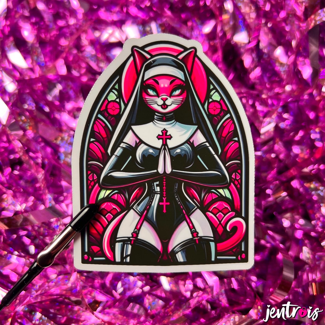 Latex Nun Cat Holographic Decal Pin-up Kitty Sticker With Religious Theme, Perfect for ...