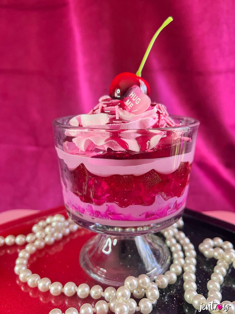 Hug Me Candy Heart Pink Pudding Layered Dessert With Cherries on the ...
