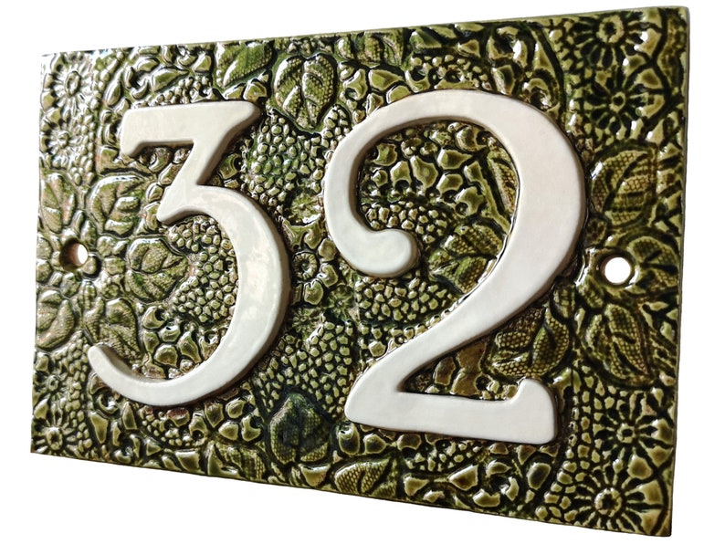 Handmade Ceramic Floral Lace House Number Sign | Olive Green Vintage ...
