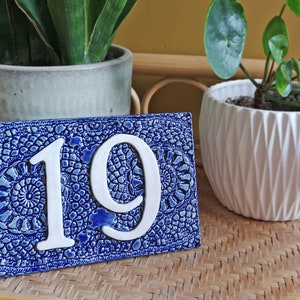 Dark Blue House Number Sign With Vintage Doily Print | Handmade Custom ...