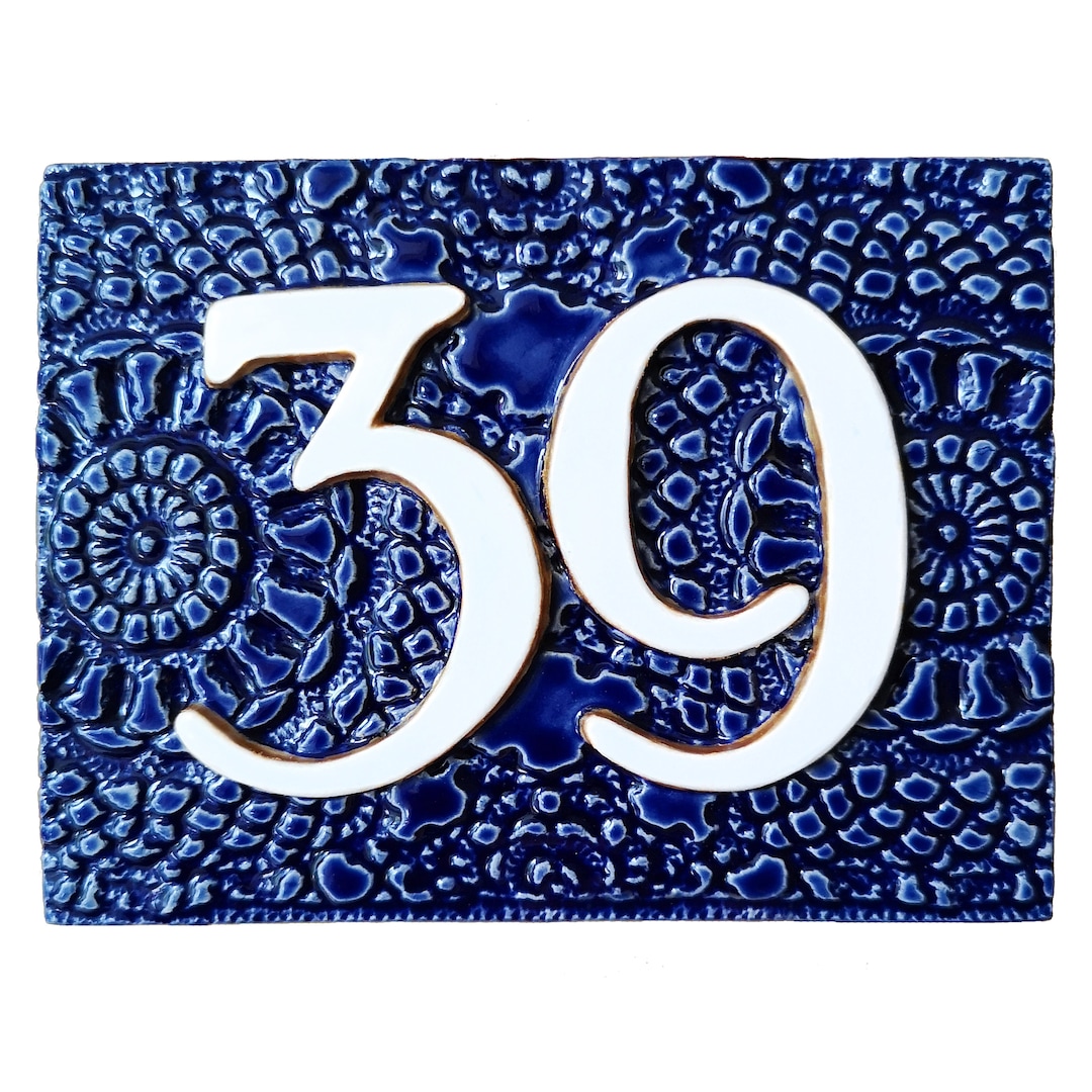 Dark Blue House Number Sign With Vintage Doily Print | Handmade Custom ...