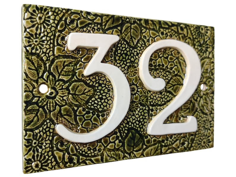 Handmade Ceramic Floral Lace House Number Sign | Olive Green Vintage ...