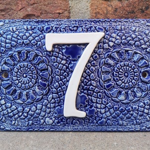 Dark Blue House Number Sign With Vintage Doily Print | Handmade Custom ...