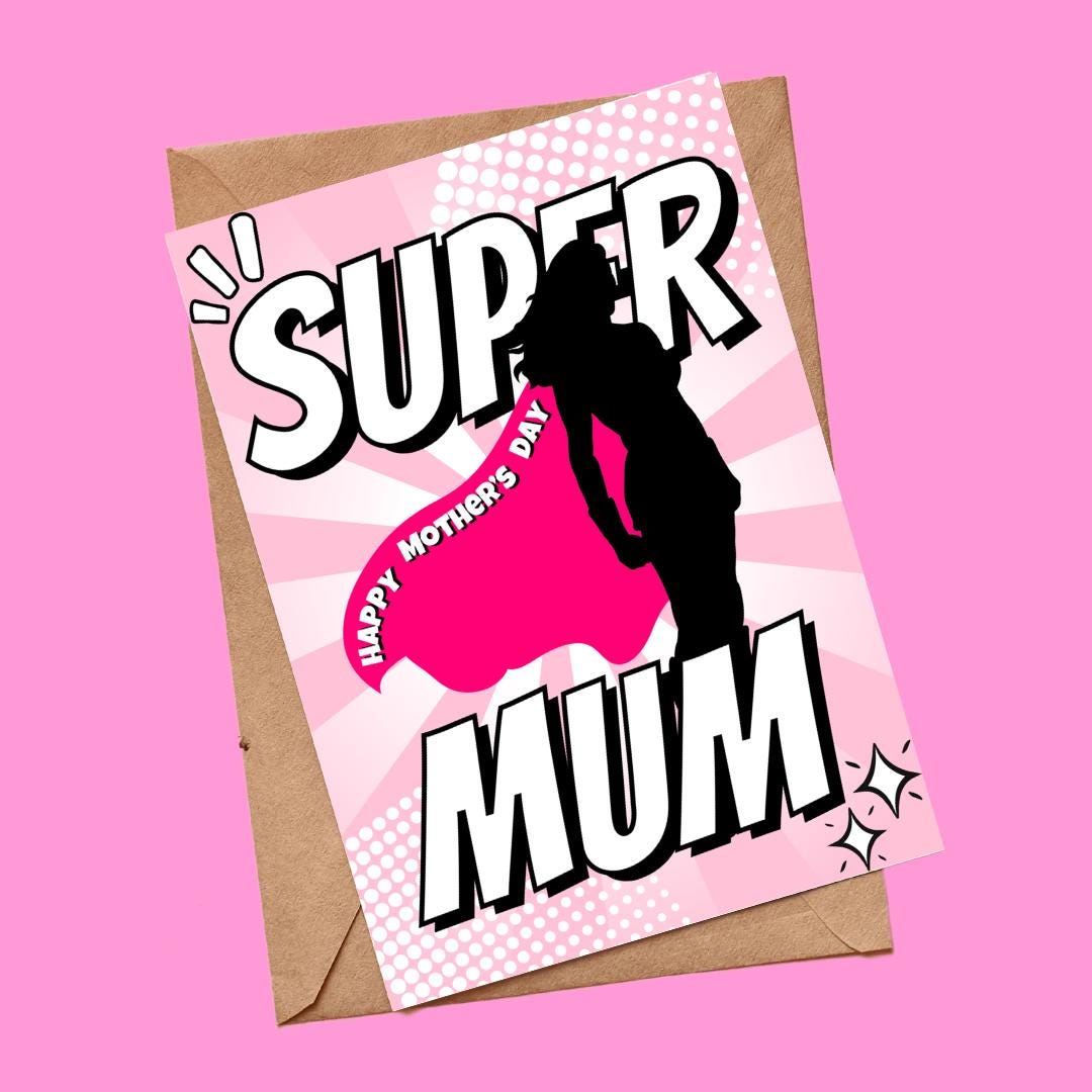 Custom Cute Super Mum Mom Mother's Day Greeting Card Comic Super Woman ...