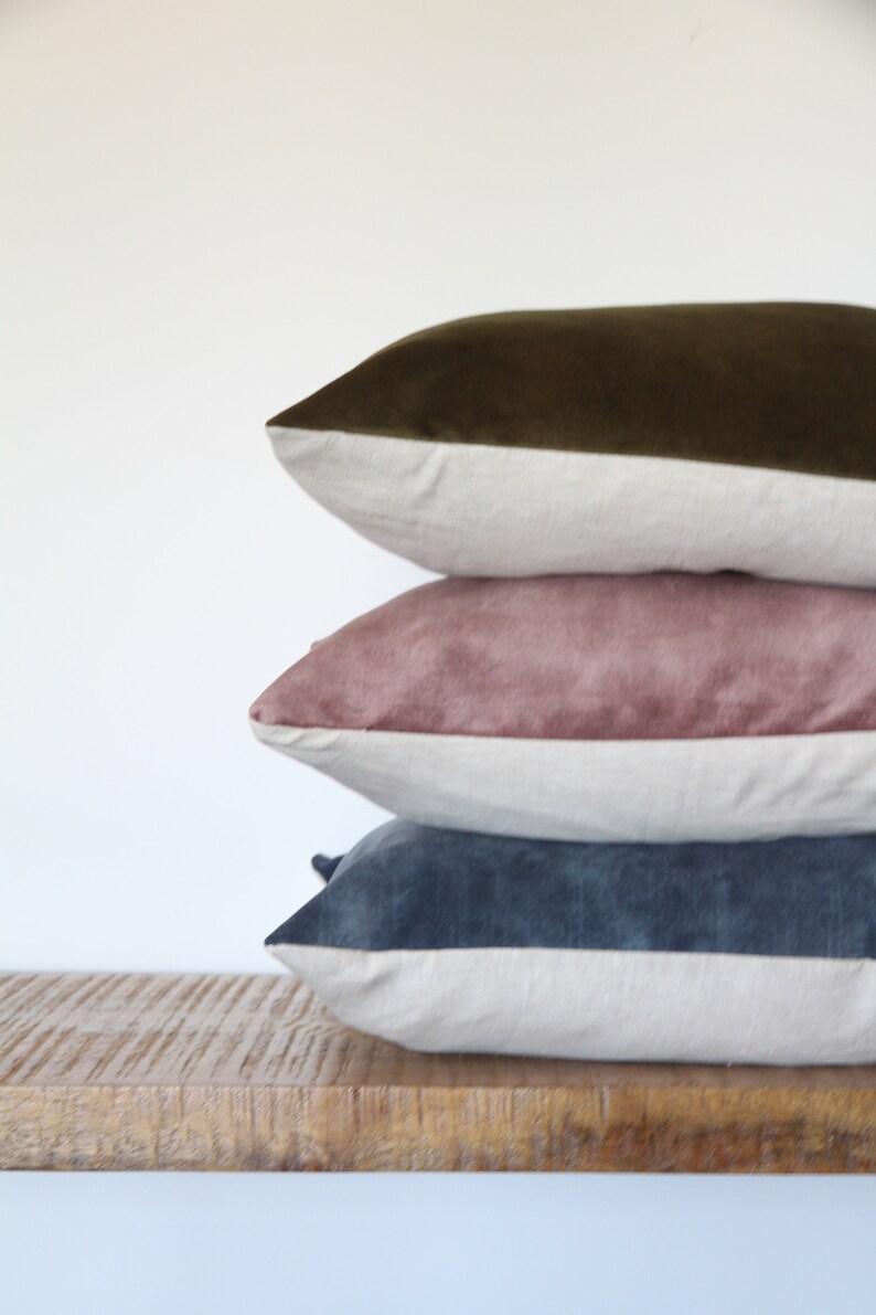 Atlantic Blue Velvet & Natural Linen Pillow Cover Blue | Etsy