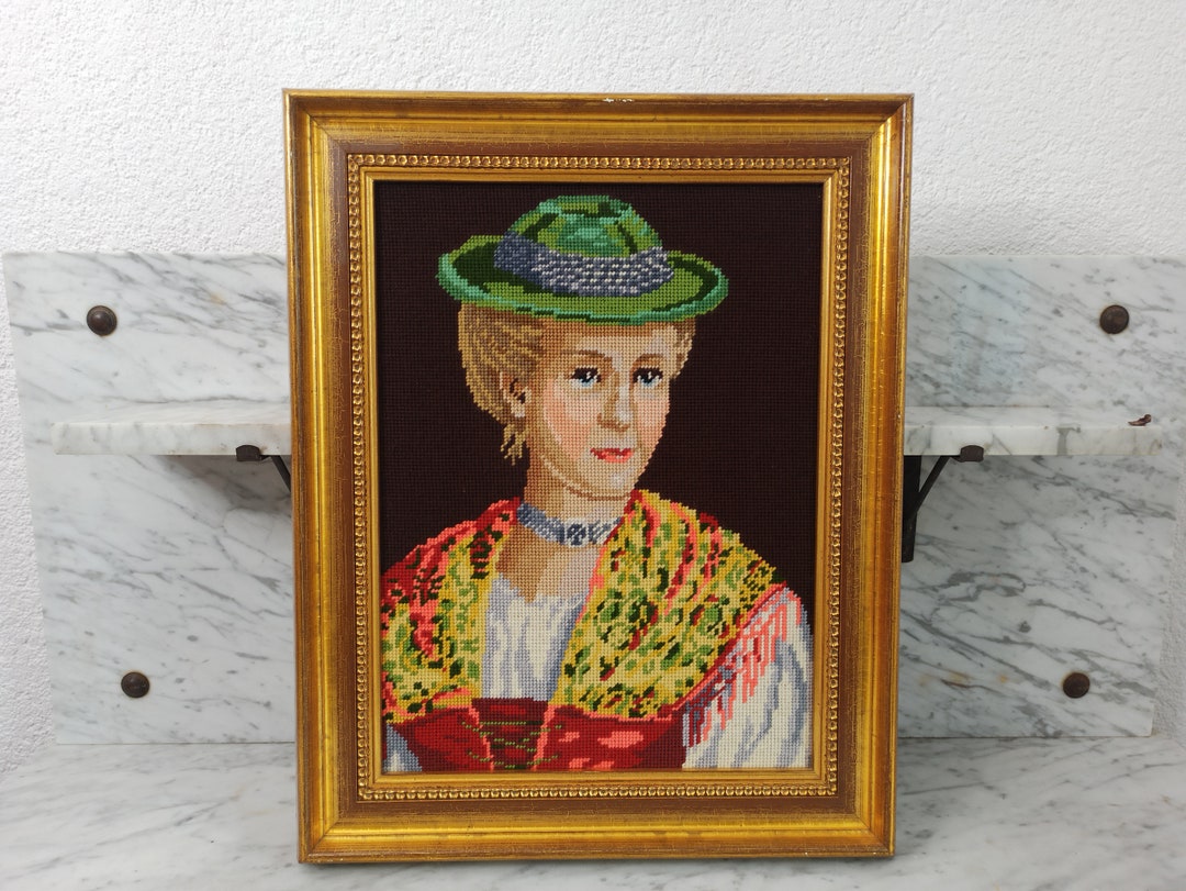 Embroidered Portrait / Embroidered Picture / Vintage Picture in a ...