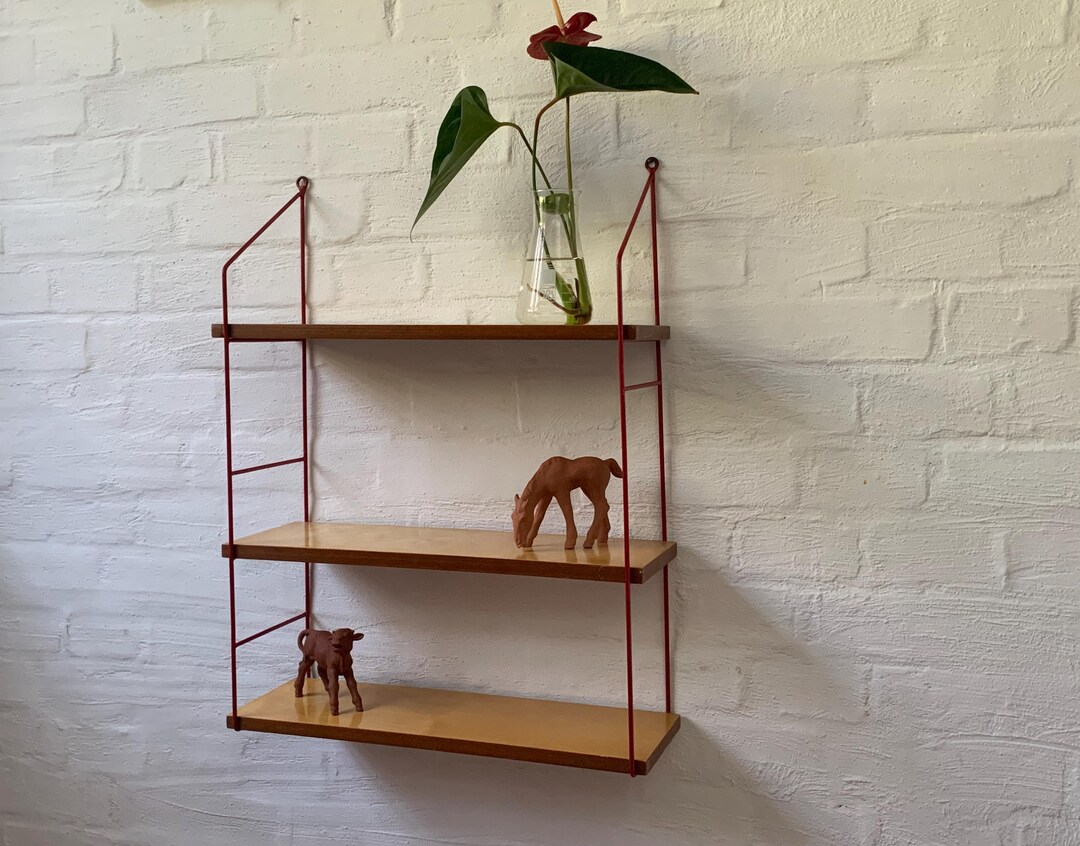 Vintage Ladder Shelf / Wall Shelf / Red Ladders, Veneered Real Wood ...