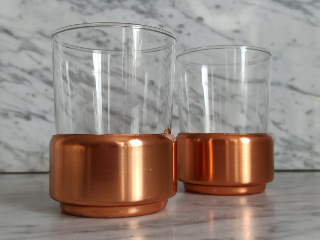 2 Vintage Tea Glasses in Holder / 60s / Glass and Anodized Aluminum ...