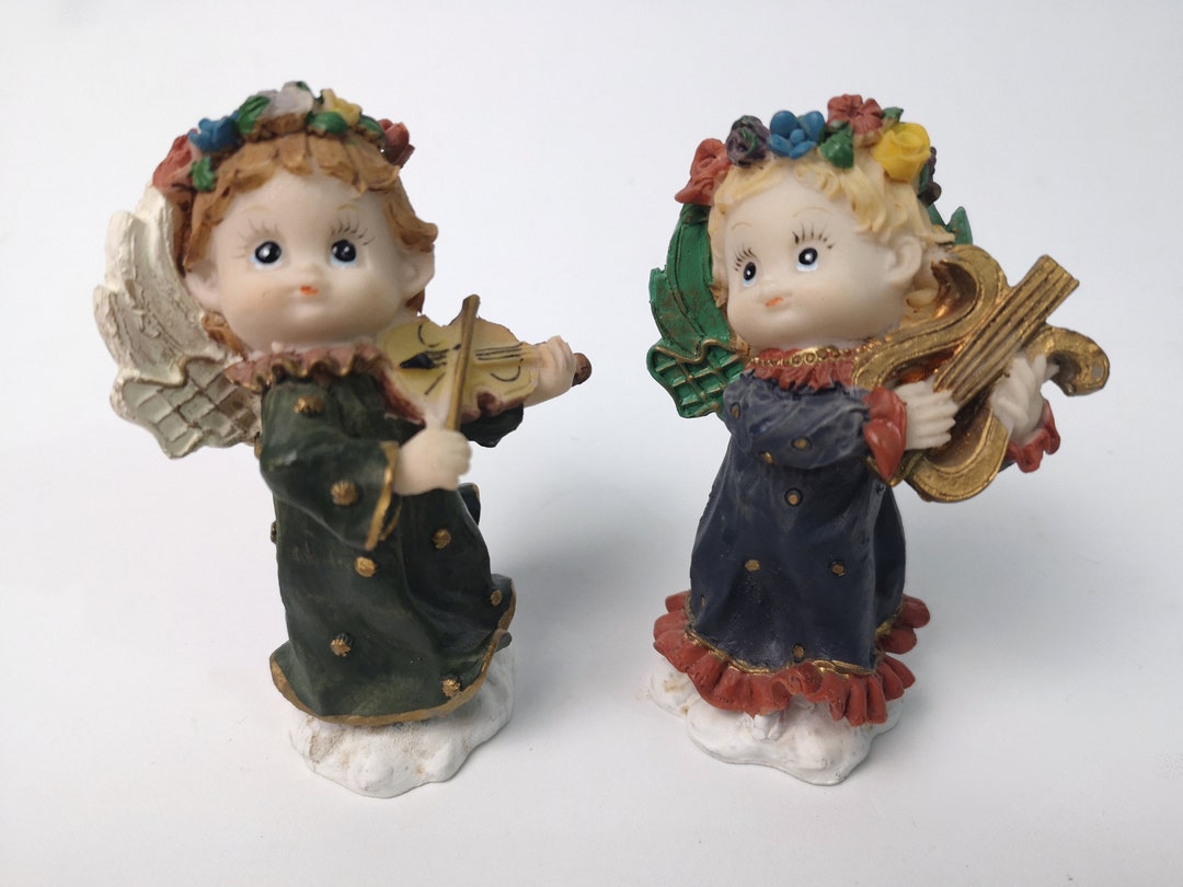 2 Small Angels With Instruments Made of Stone Resin / Pair / Flower ...