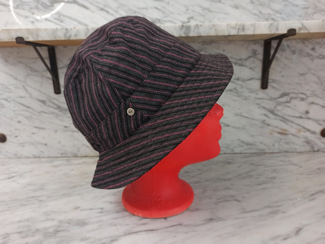 Hat From the 2000s / Fabric Hat Gray and Pink Stripes / Vintage Hat ...