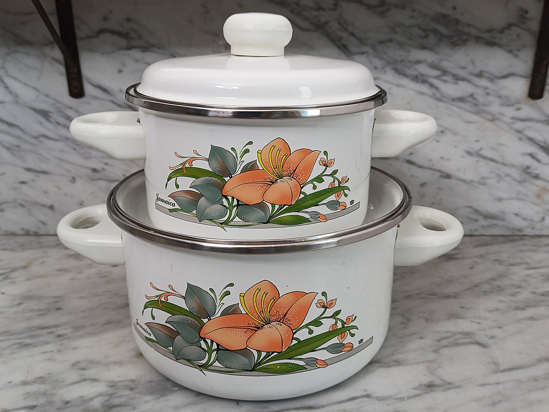 Retro Cooking Pot / 2 Enamel Pots / Enamel Pot Set / Pot With Lid ...