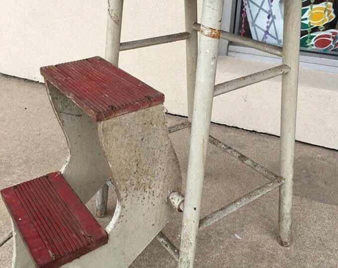 Farmhouse Red and White Step Stool Wooden Ladder Industrial Office ...