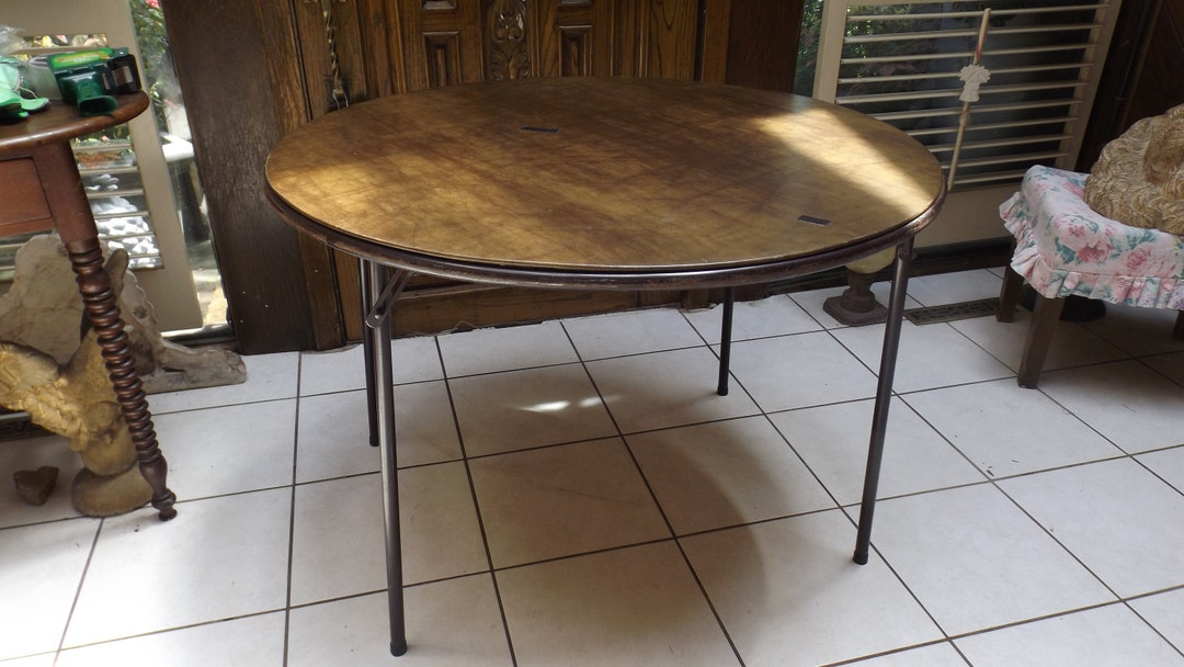 Vintage Round Folding Card Table With Faux Wood Top Brown Edge Wedding ...