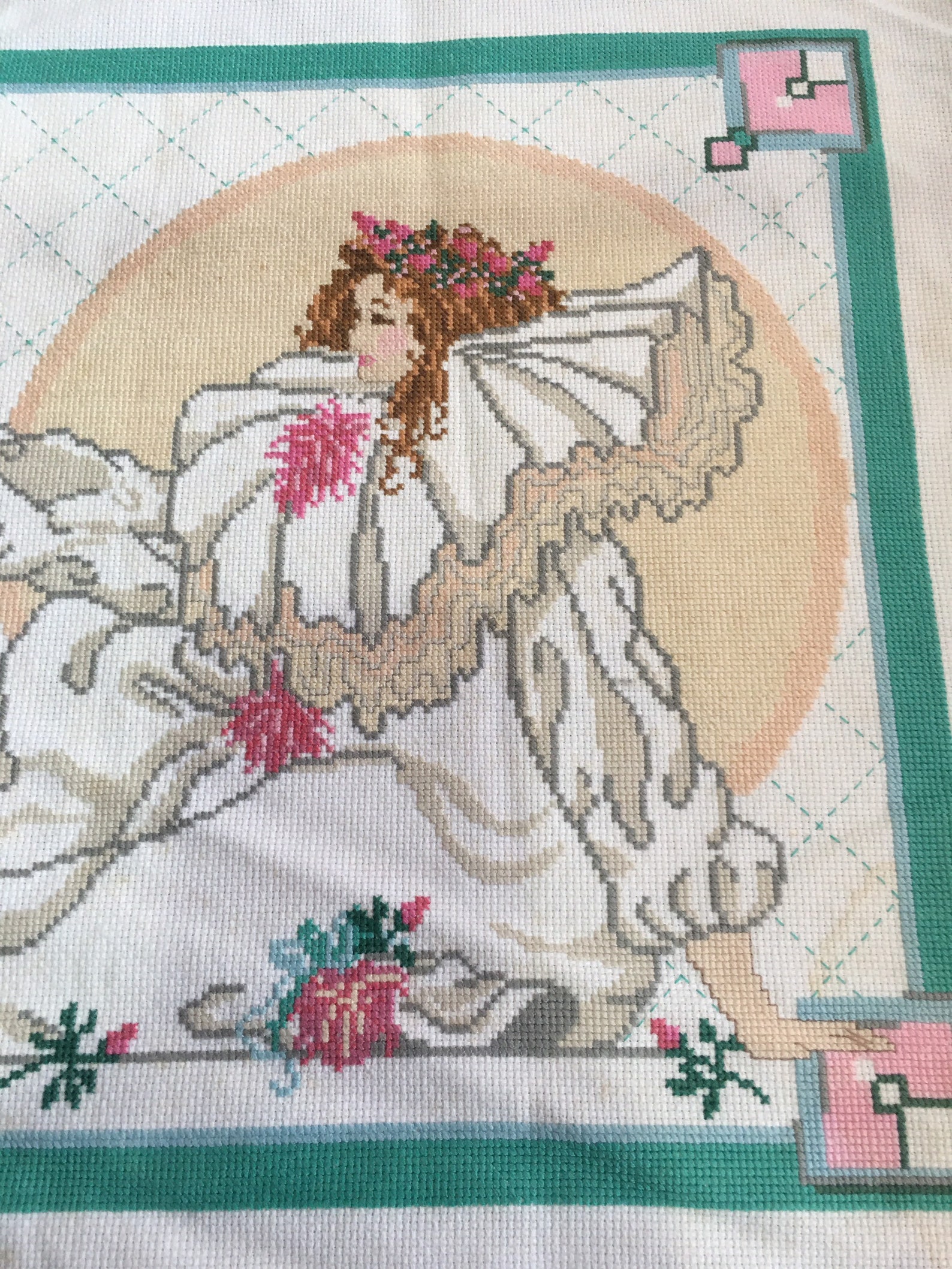 Vintage Completed Cross Stitch Border Harlequin White Aida - Etsy