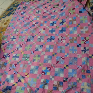 Antique Small Square Quilt Pink Grid Field Done in so Many Fabrics Full ...