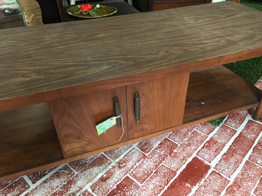 Lane MCM Coffee Table With Sliding Door Brown Finish Storage Modern ...