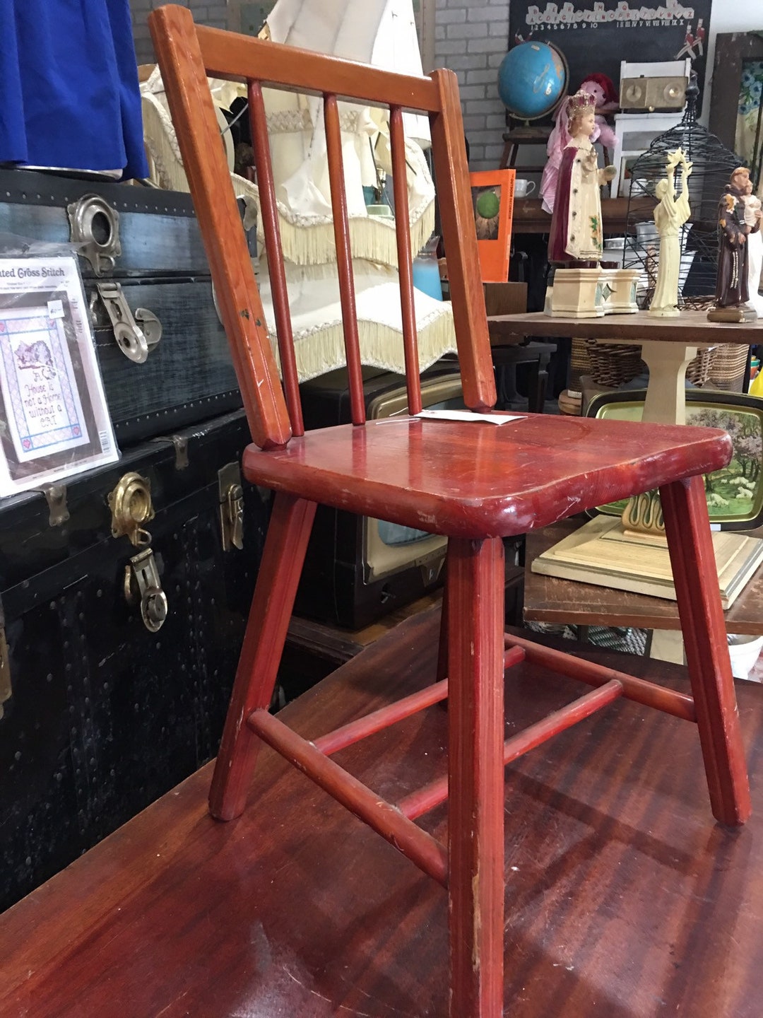 Vintage Red Stained Slat Back High School Chair Office Home School ...