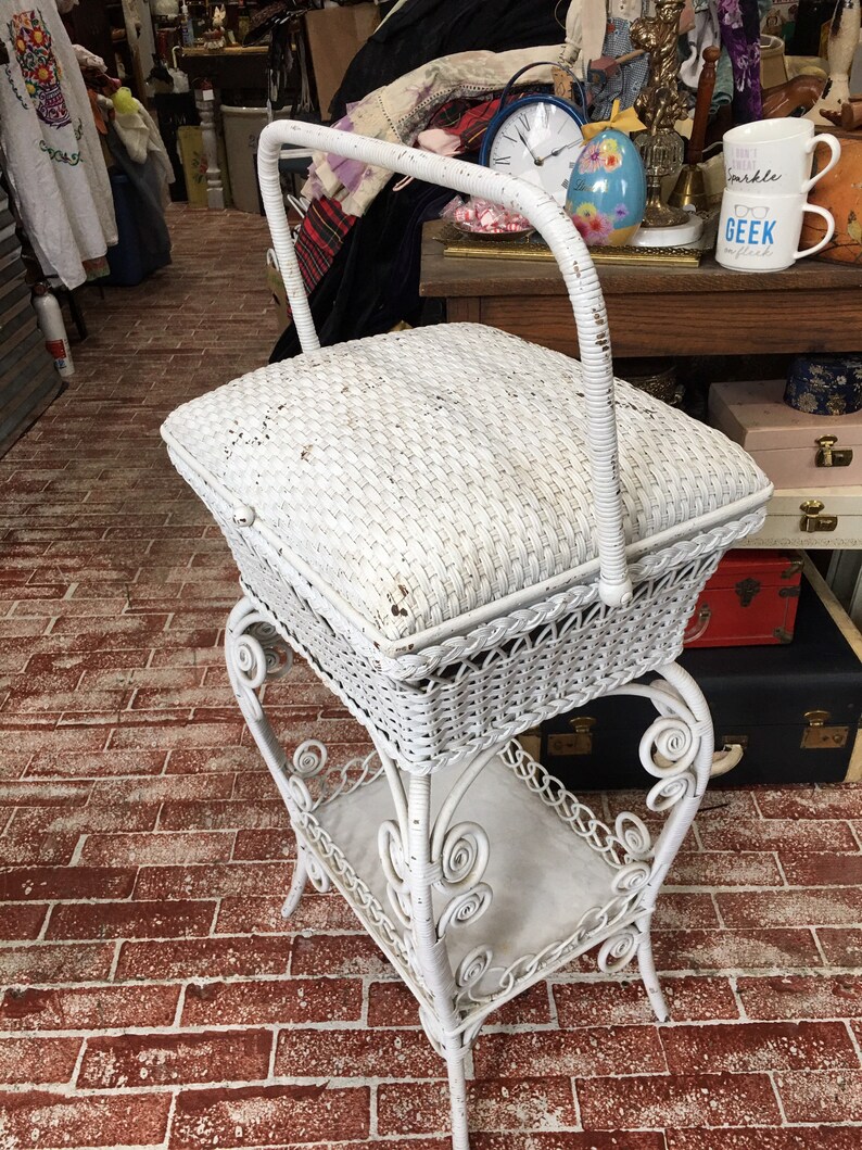Wicker White Sewing Cabinet Stand Storage Ornate Detail Drink - Etsy