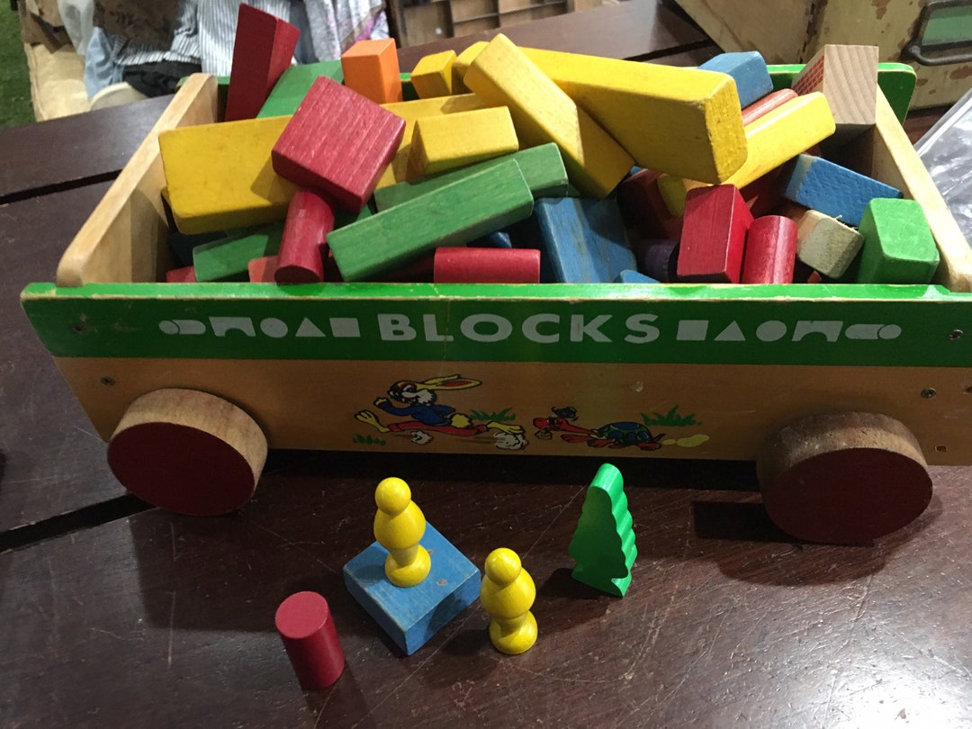 Wooden Blocks Cart With 86 Wooden Colored Blocks Vintage Toys ...