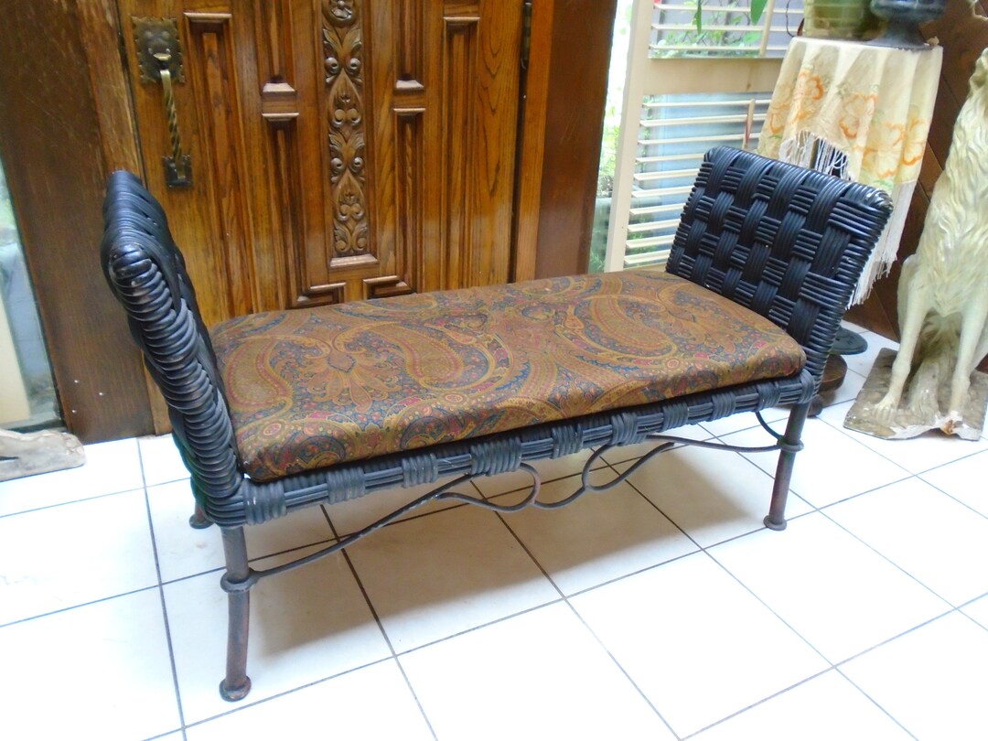 Retro Wicker Metal Long Bench With Raised Sides Entry Way Seating ...