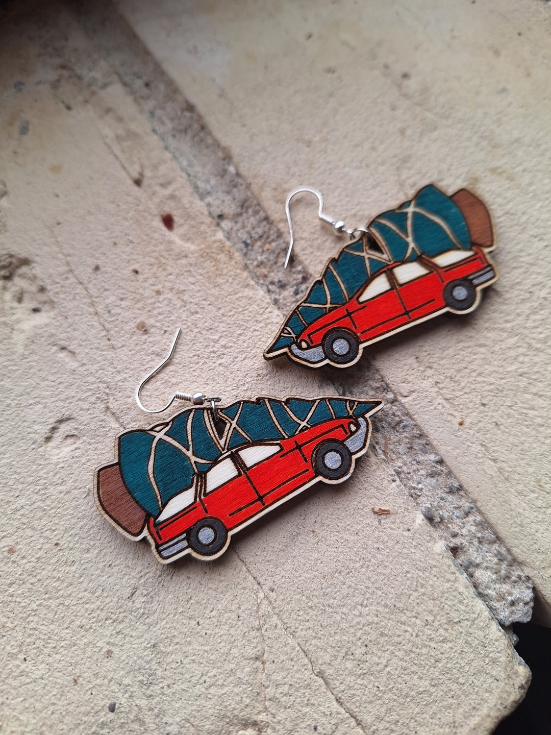 Hand Painted Wood Christmas Tree Car Earrings Christmas Vacation ...