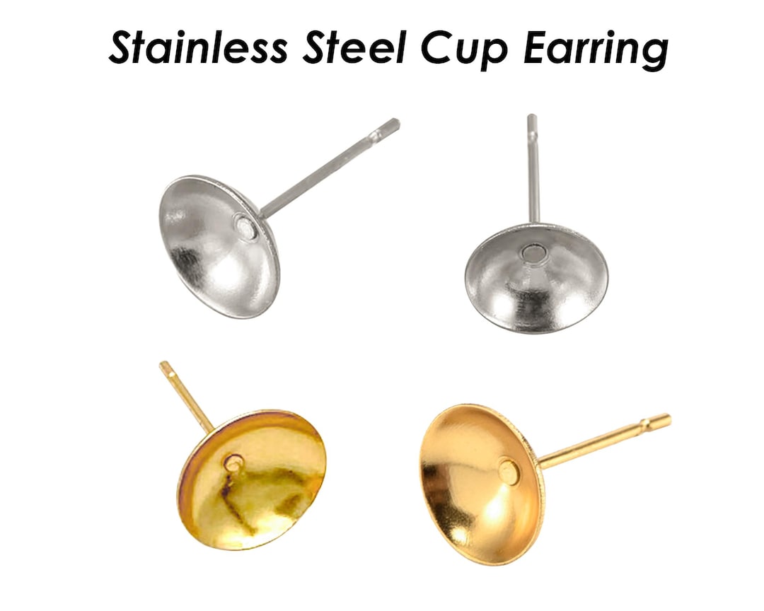 50 X Stainless Steel Earring Post With Bezel Cup, Earring Settings Ear ...
