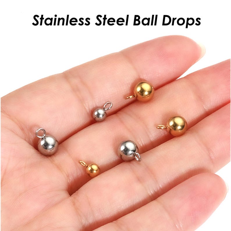 50 X Stainless Steel Round Ball Drop Charm Gold Silver, 4 5 6 8mm Solid ...