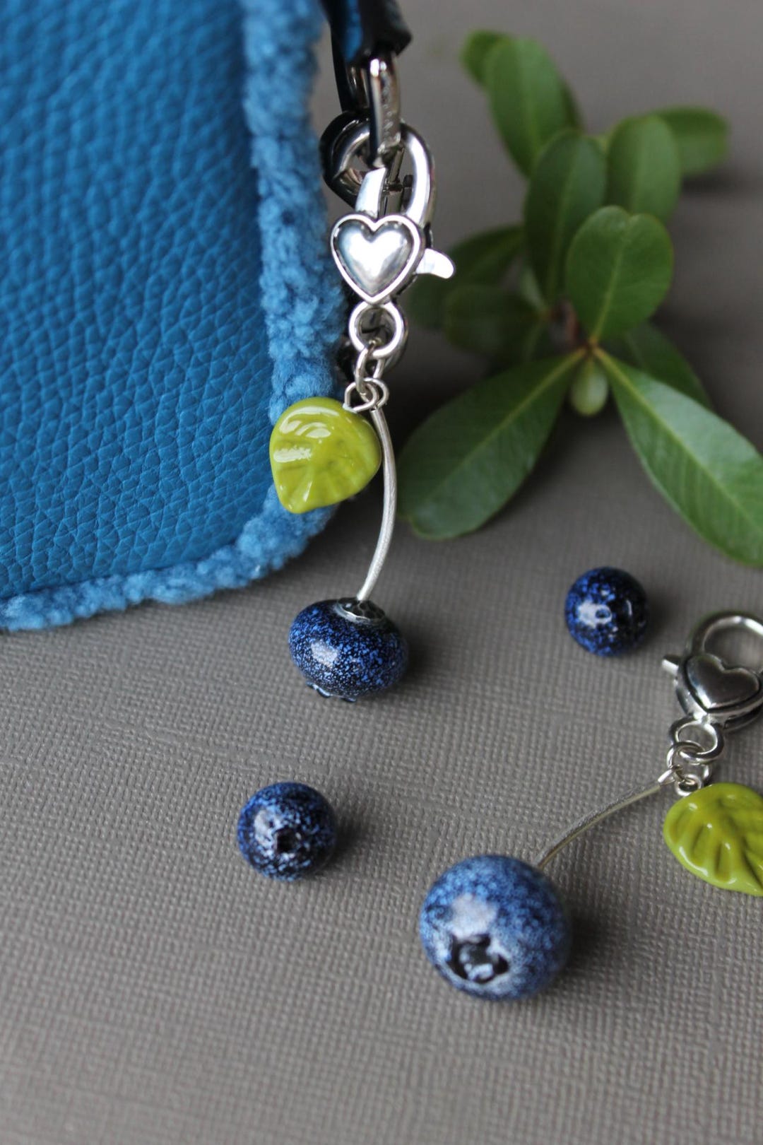 Glass Blueberry Bag Keychain Charm in Silver, Lampwork Glass Fruit Bag ...