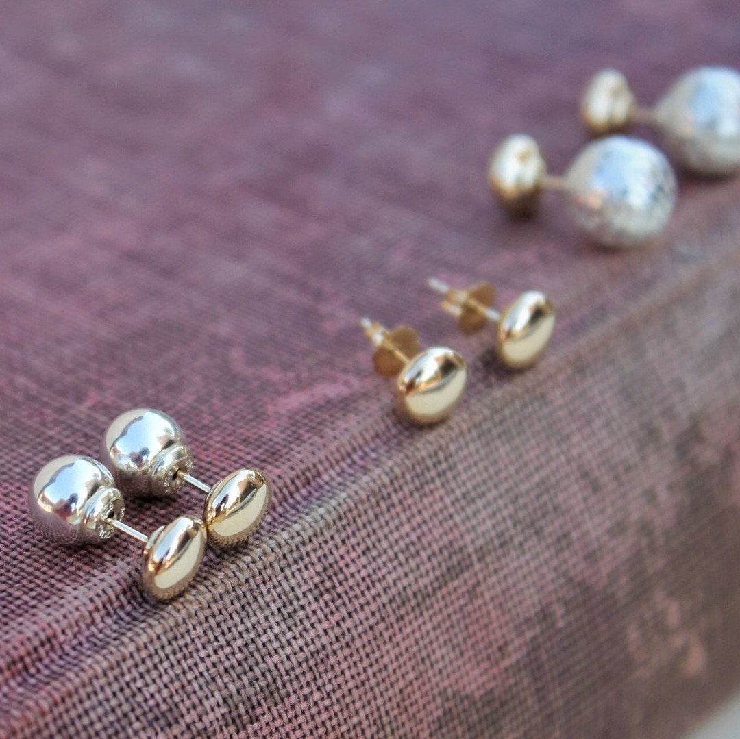 Solid Gold Double Sided Button Earrings, Sterling Silver Push Back Ball ...