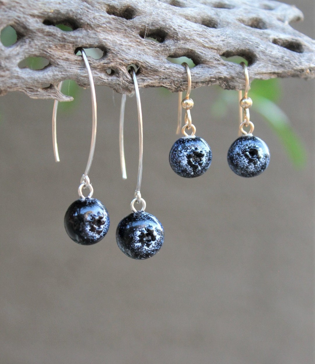Glass Blueberry Earrings in Silver or Gold Filled, Hand-made Flame Work ...