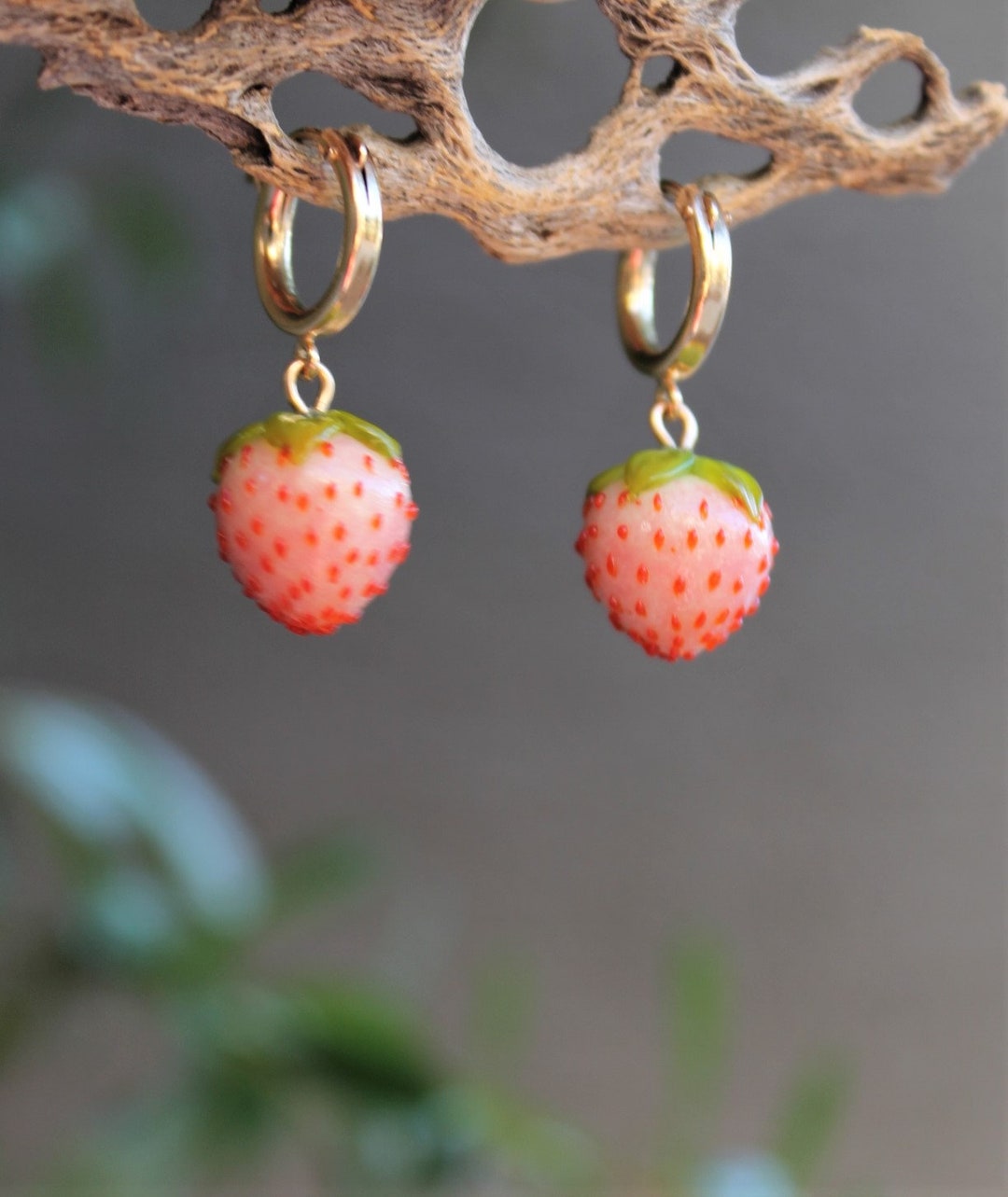 Pineberry Strawberry Earrings, 14k Gold Filled Hoops, Handmade Glass ...