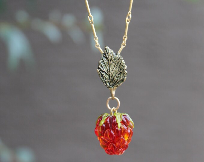 Glass Raspberry Pendant, Necklace With Leaf Bail in Silver or Gold ...