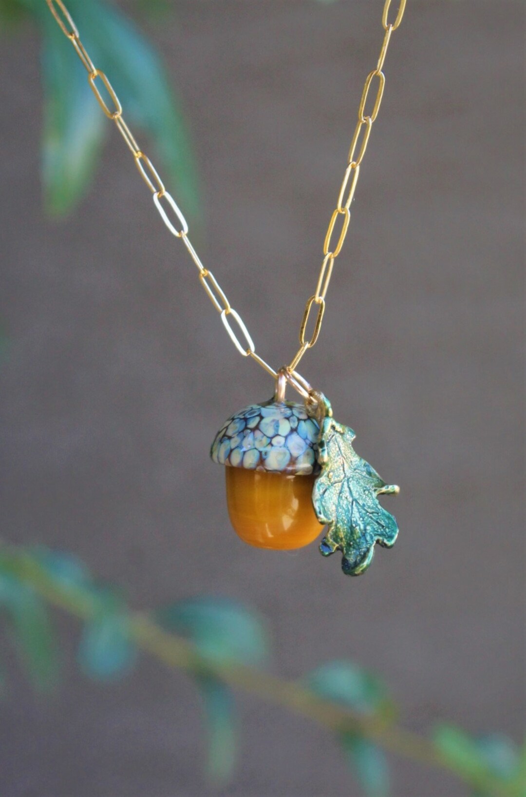 Handmade Glass Acorn With Leaf Pendant Necklace – Sterling Silver/gold ...