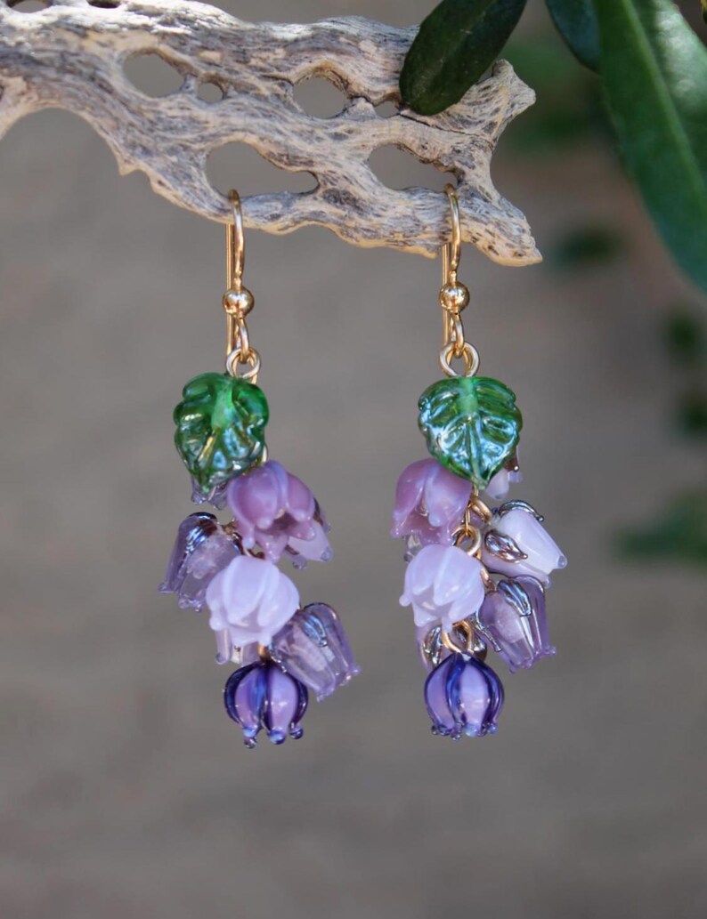 Handmade Glass Lavender Purple Flower Earrings in Gold Filled, Cluster ...