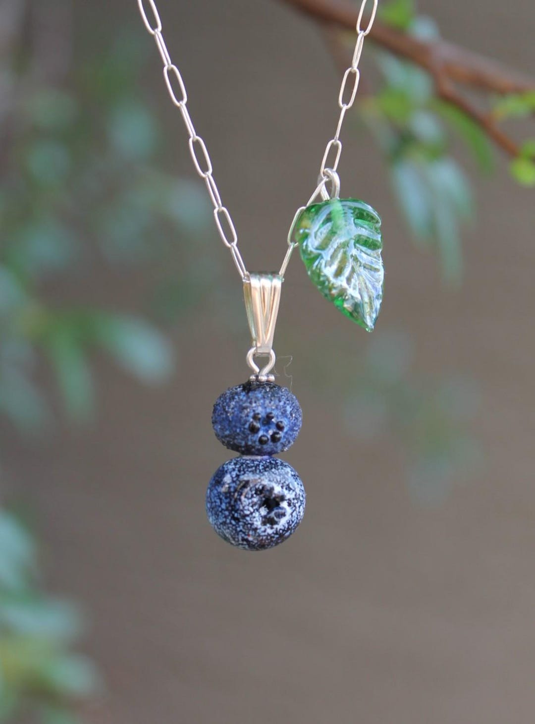 Hand-blown Glass Double Blueberry Pendant: Sterling Silver Necklace ...