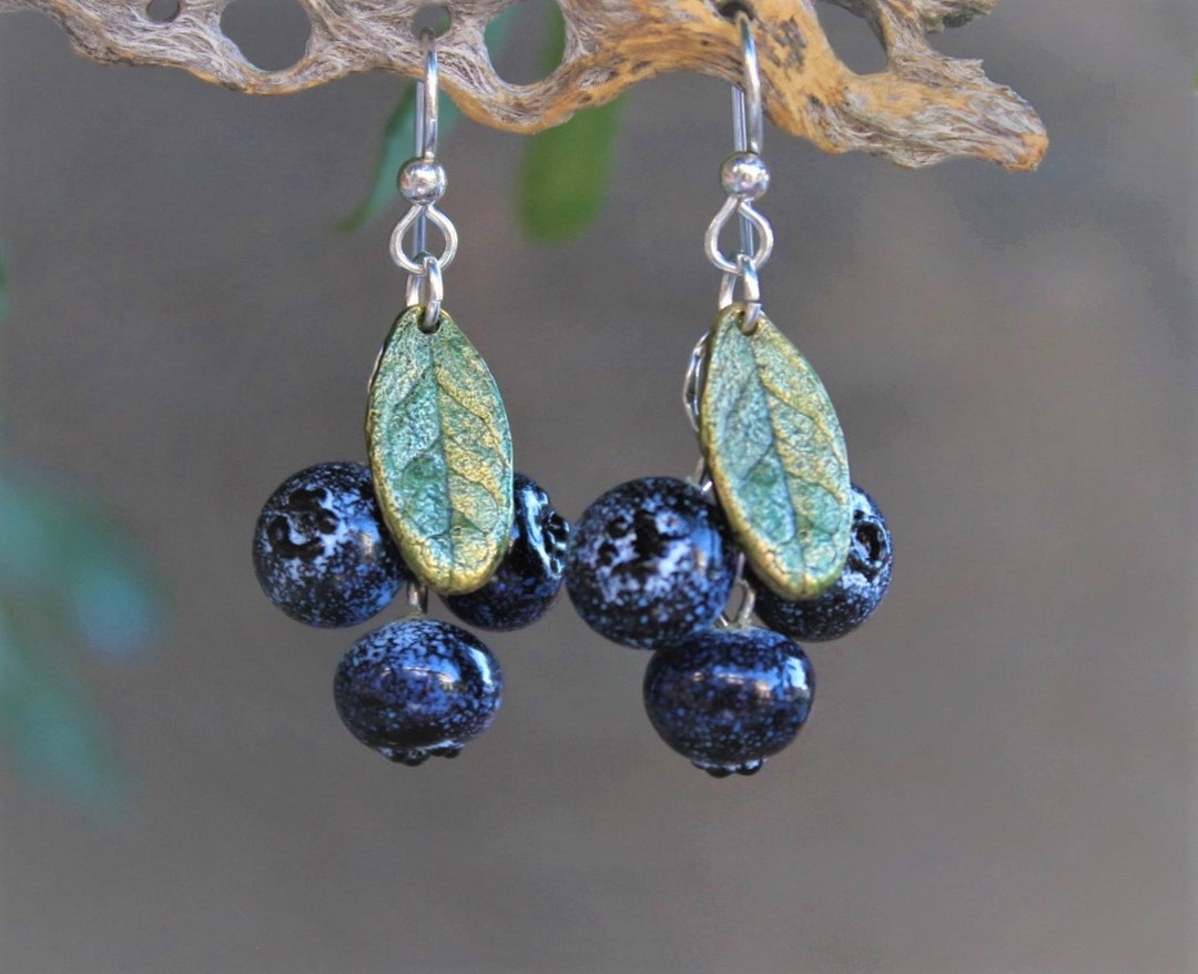 Life Size Glass Blueberry With Leaf Earrings in Silver, Hand-made ...